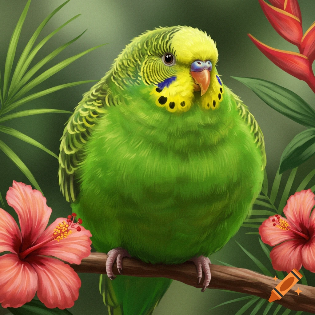 A digital painting of a fat green and yellow parakeet sitting on a ...