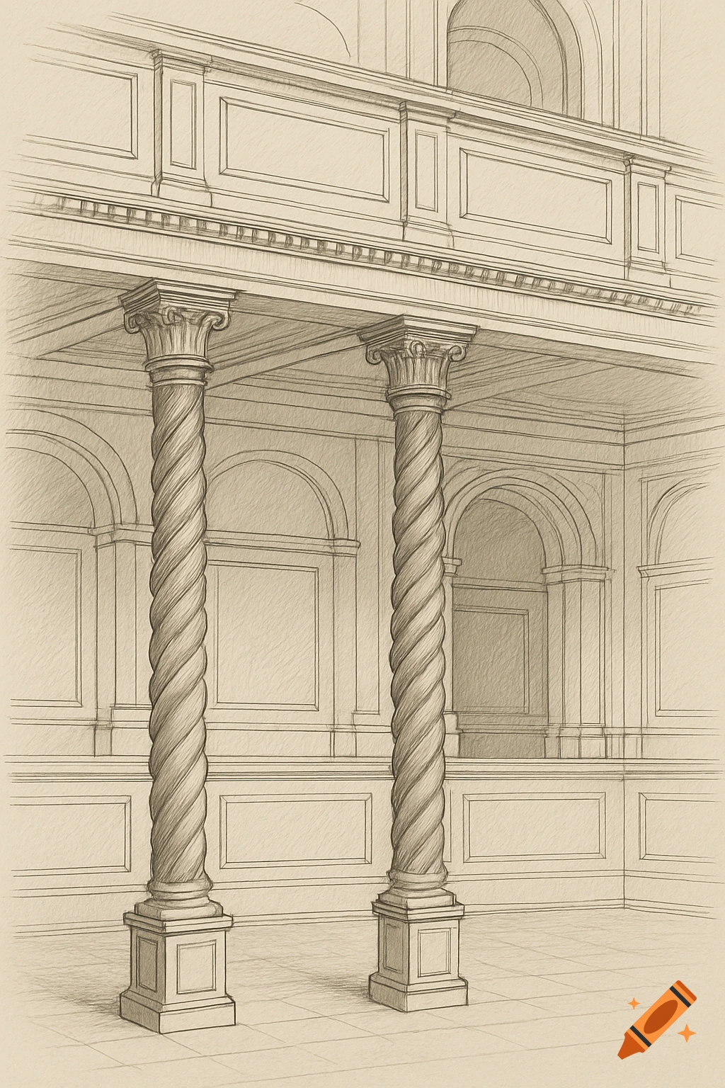 Pencil sketch of two barley sugar twist columns supporting an ...