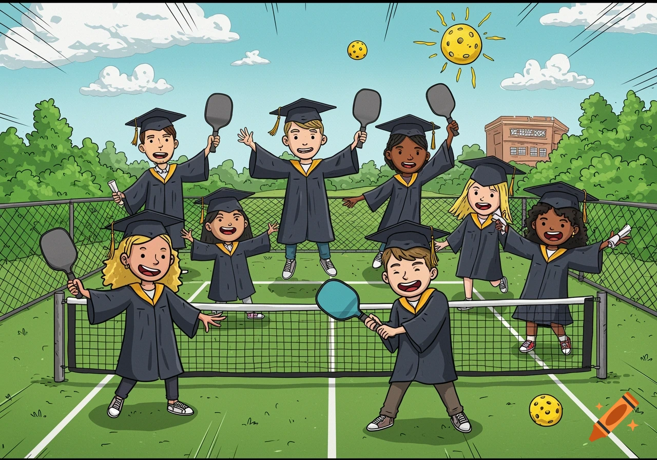 Cartoon illustration of children in graduation caps and gowns playing ...