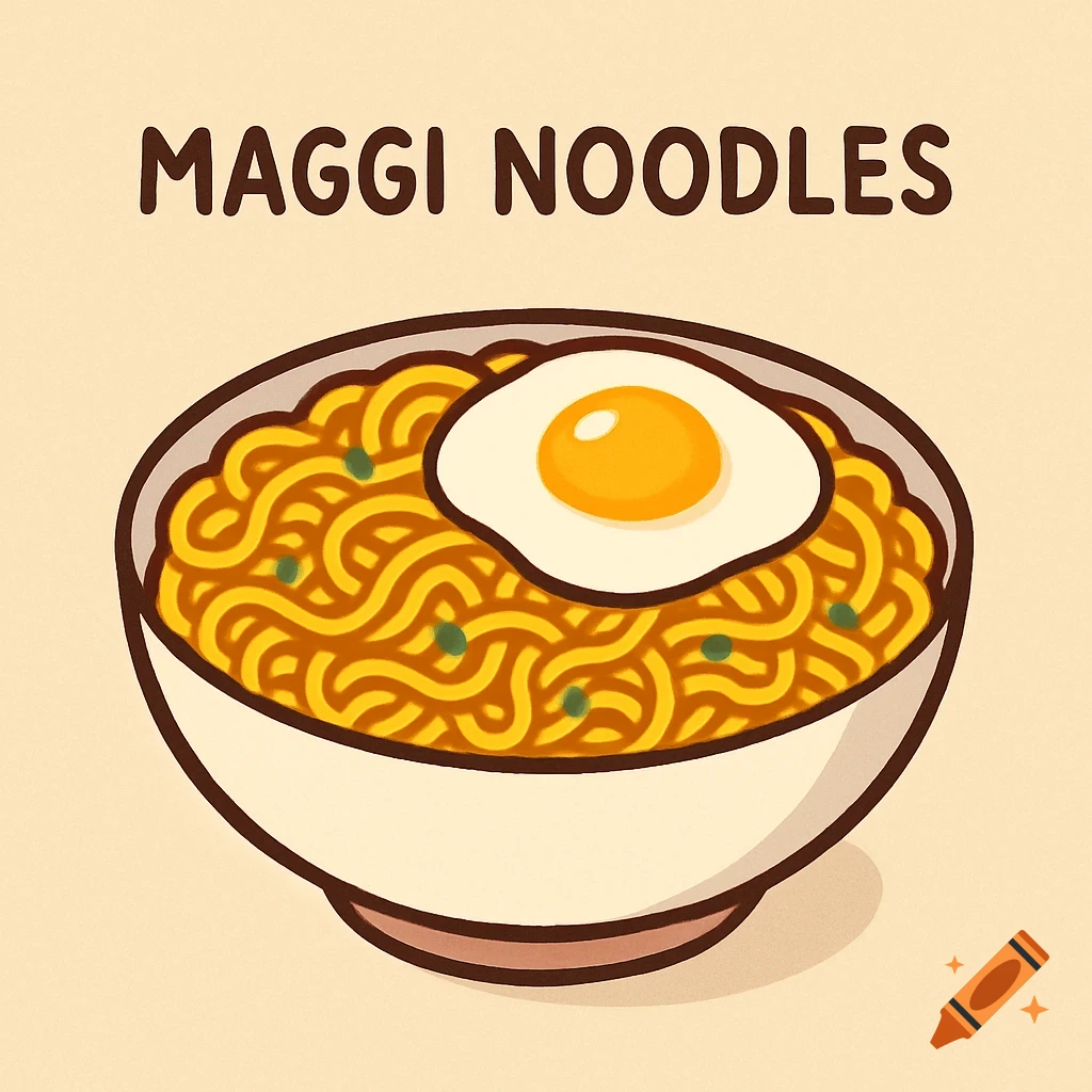 Illustration of a bowl of noodles with a fried egg on top, labeled ...