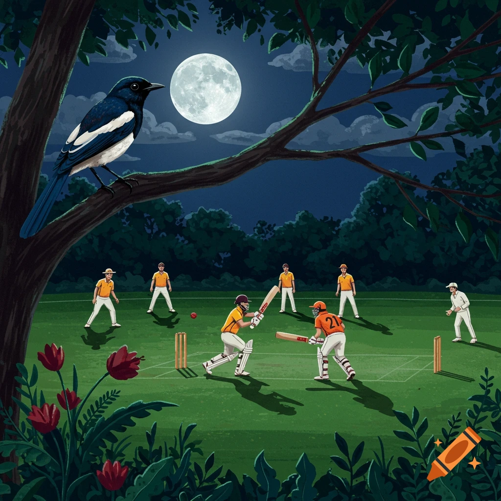 An illustration of a cricket match played at night under a full moon ...