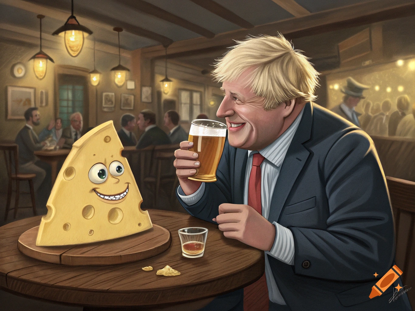Boris Johnson drinks beer with a smiling sentient cheese in a pub. on ...
