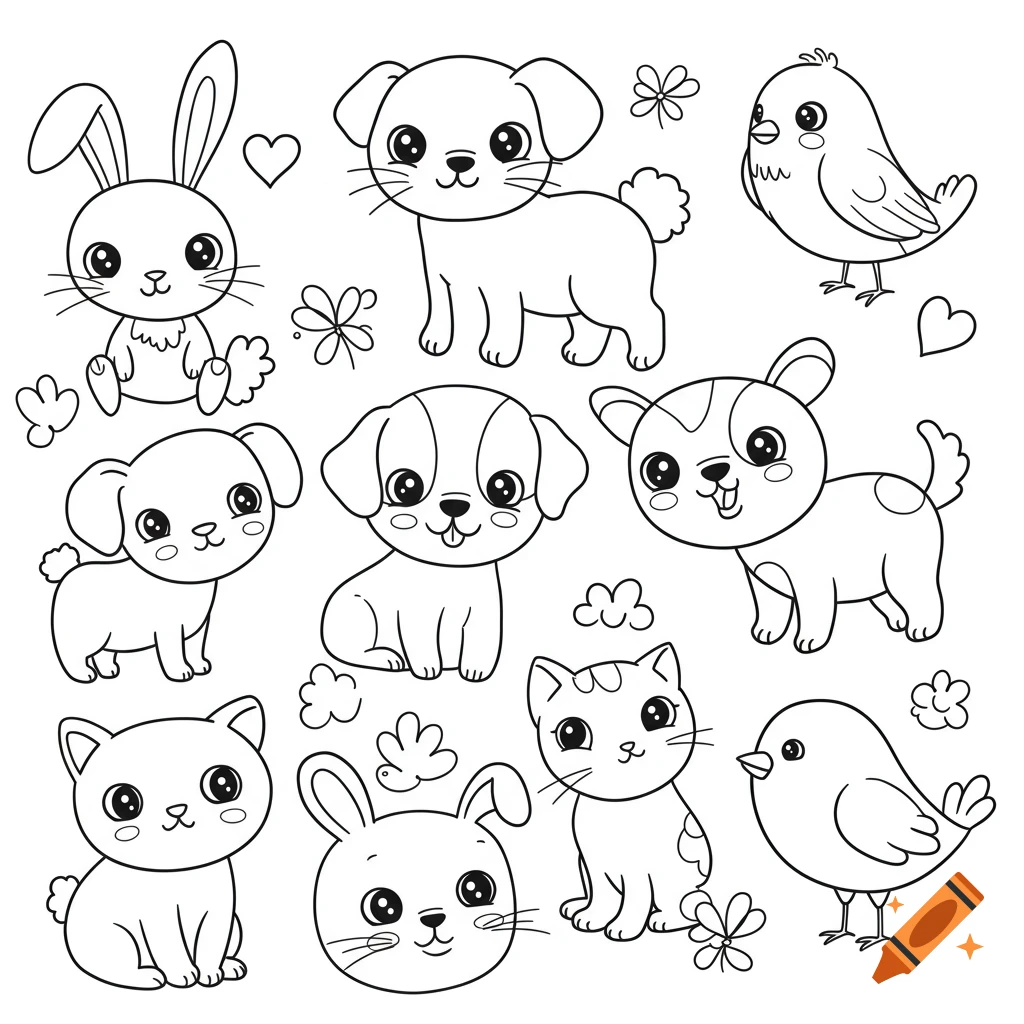 Cute cartoon animal line art for coloring: rabbits, dogs, cats, birds ...