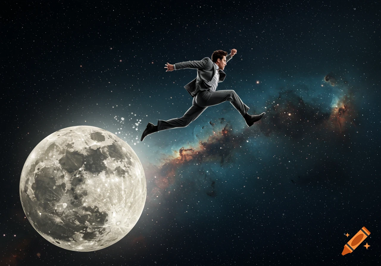 A man in a suit leaps over a large moon in a dark space filled with ...