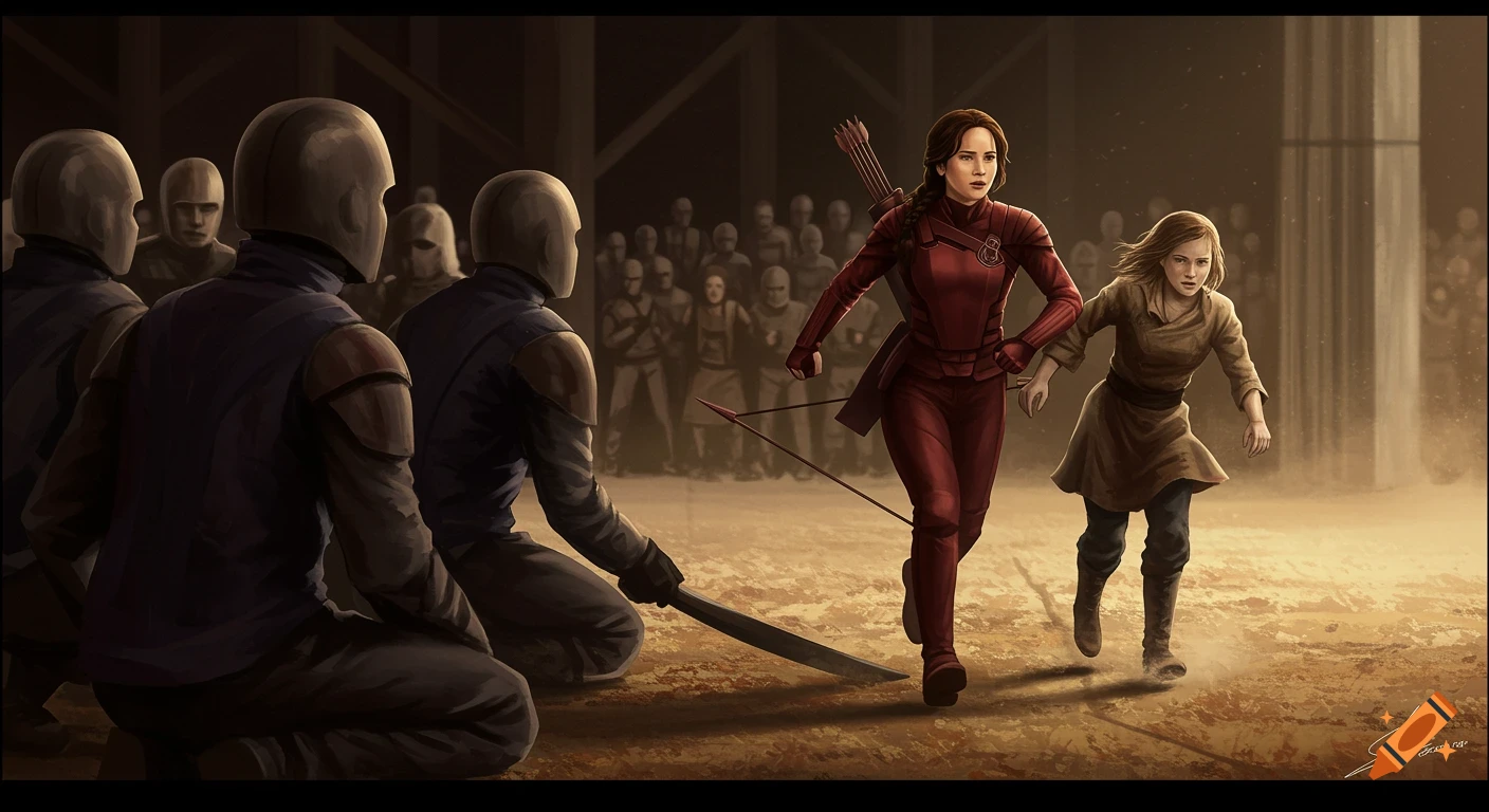 Katniss Everdeen runs with Prim from masked guards in an arena. on Craiyon