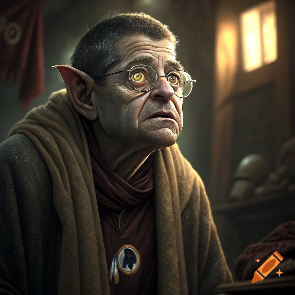 Portrait of an old man with elf ears and glasses wearing a cloak in a ...