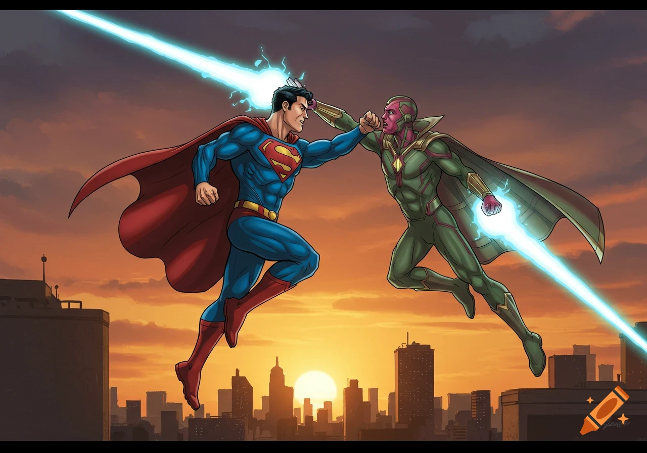 Comic art of Superman fighting Vision mid-air over a city at sunset. on ...