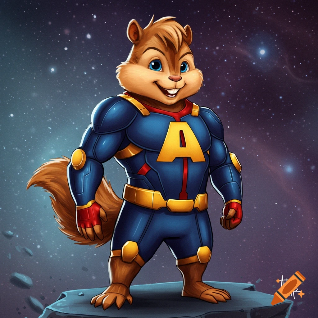Cartoon chipmunk superhero in a blue and gold suit with an A symbol ...