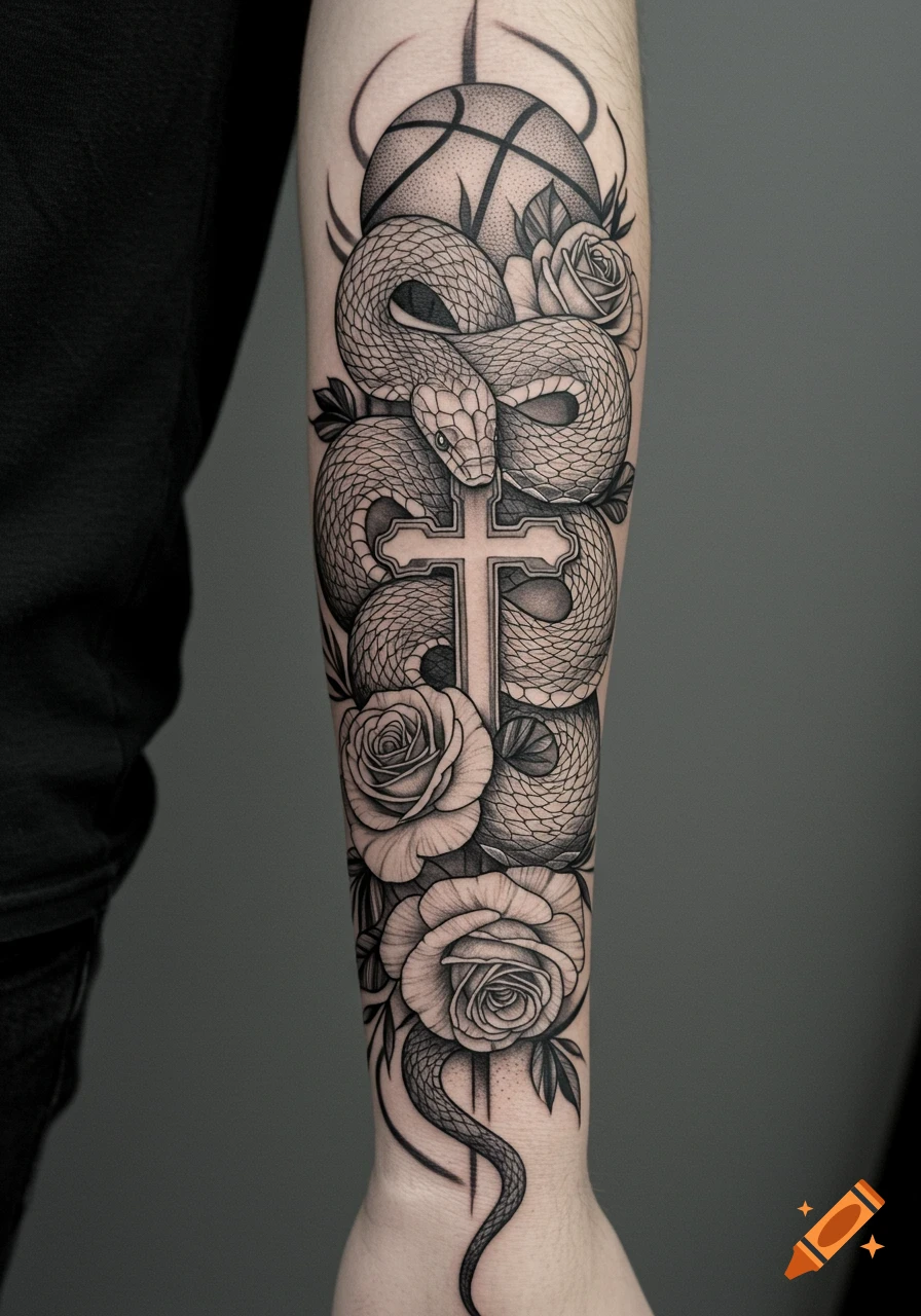 Black and white forearm tattoo design of a snake coiled around a cross ...