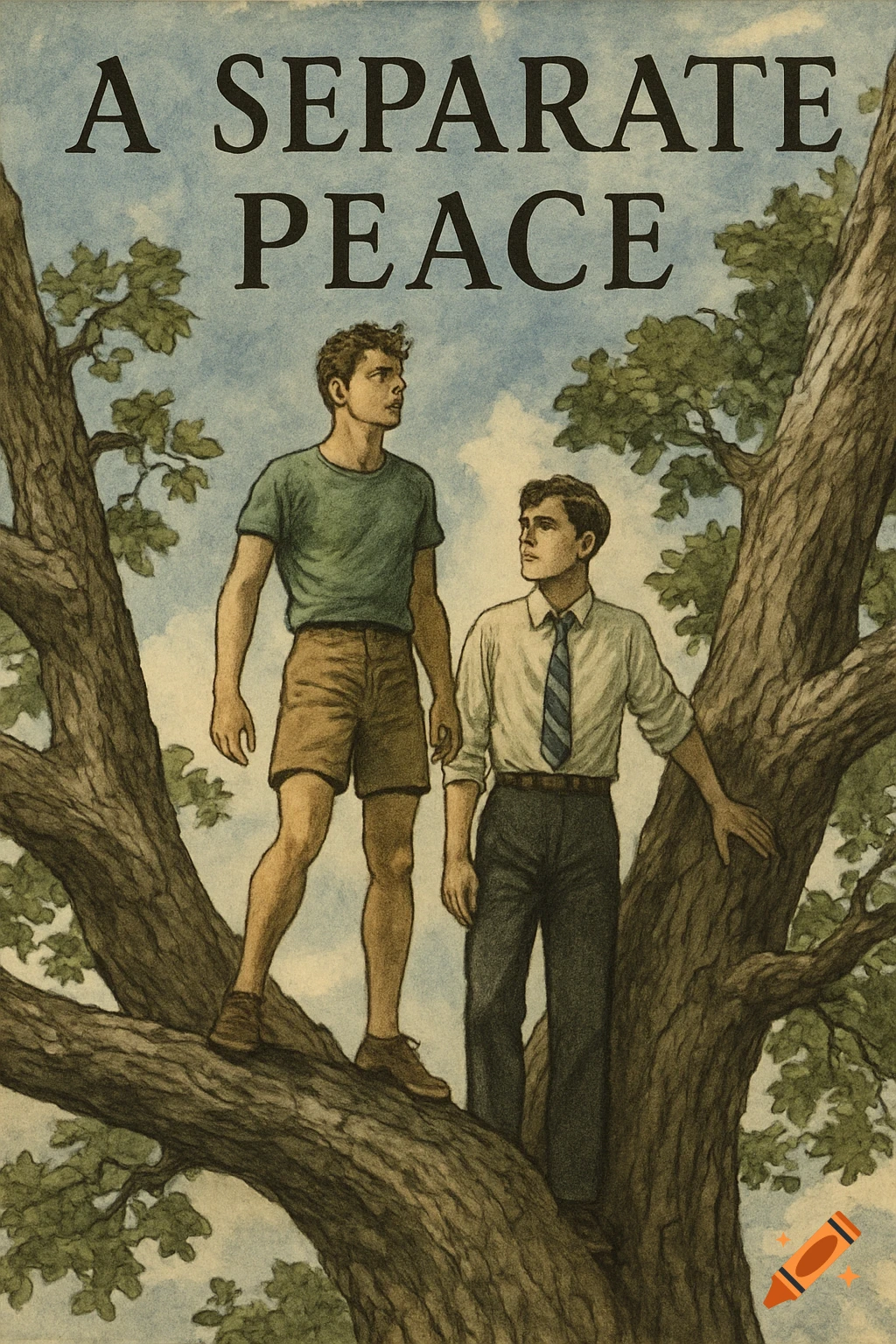 Drawing of two young men in a tree with the title A Separate Peace ...