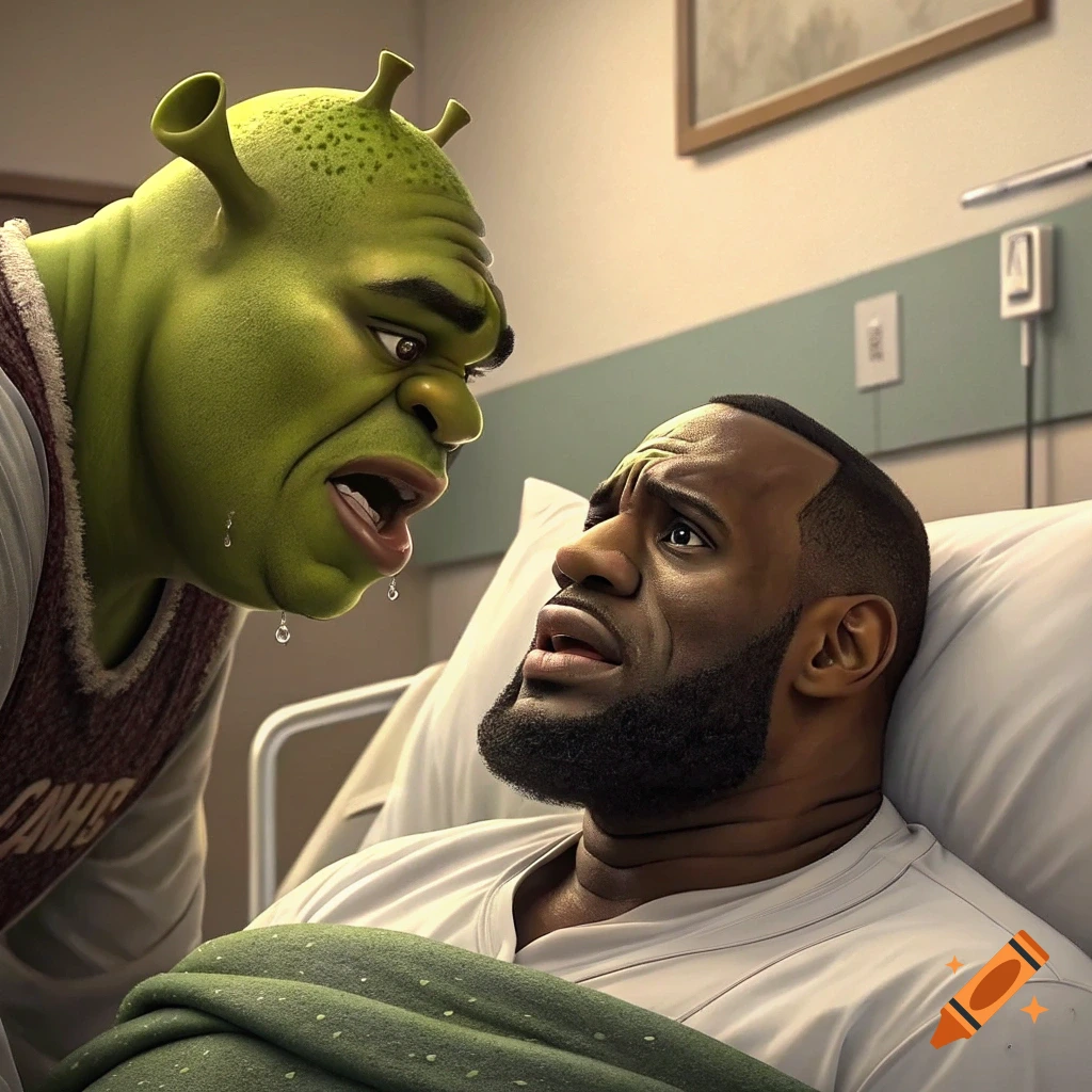 Shrek leans over a distressed LeBron James in a hospital bed, realistic ...