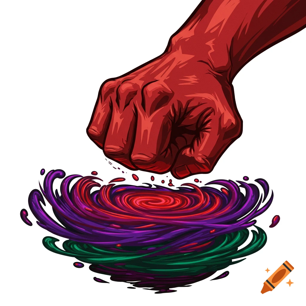 A red fist punching down onto a swirling vortex of purple, red, and ...