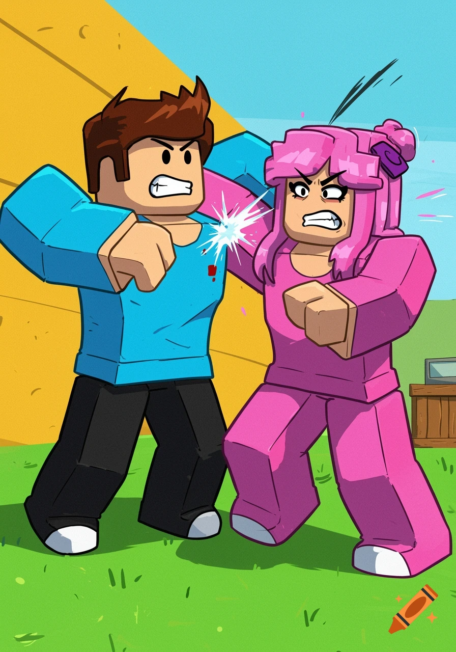 Roblox-style characters fighting. on Craiyon