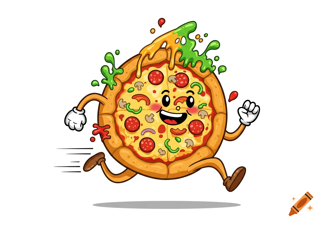 Cartoon pizza character running with dripping slime on Craiyon