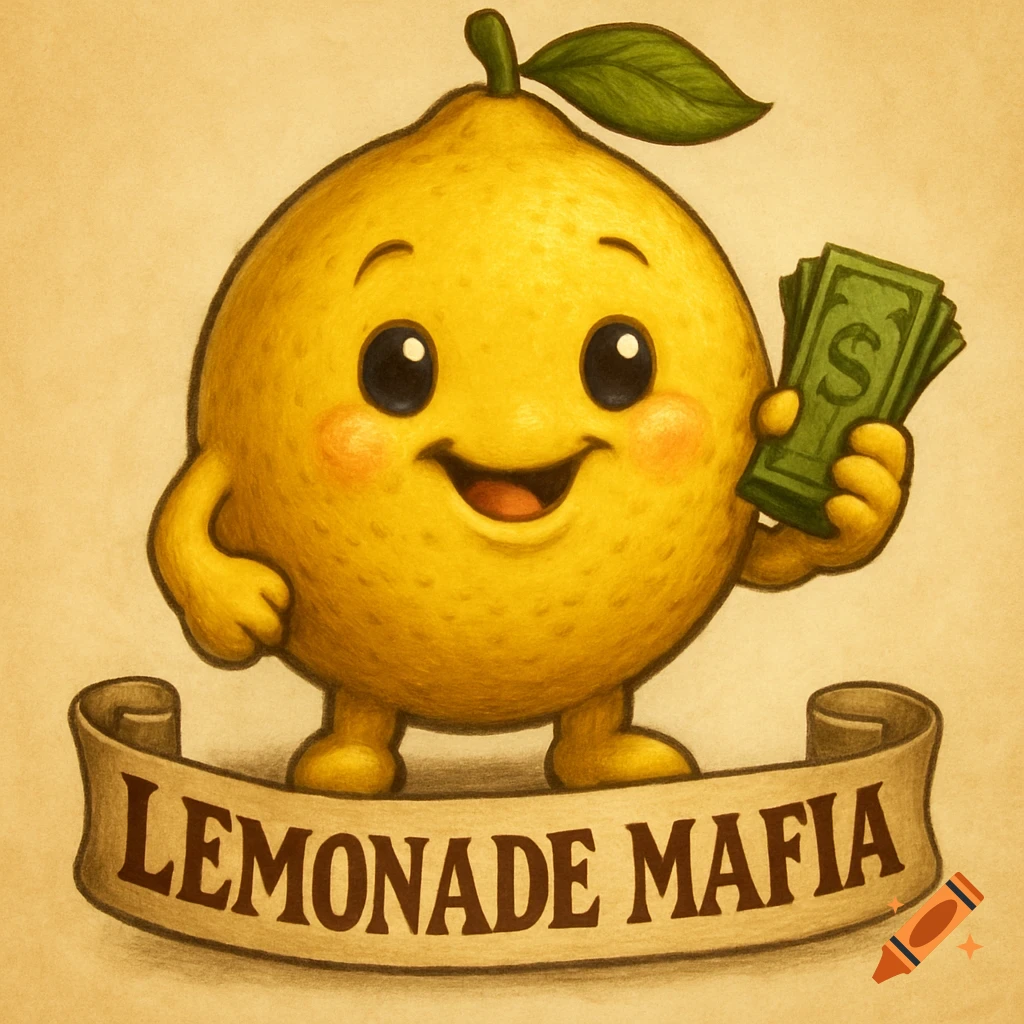 Cute cartoon lemon holding money on a banner that says Lemonade Mafia ...