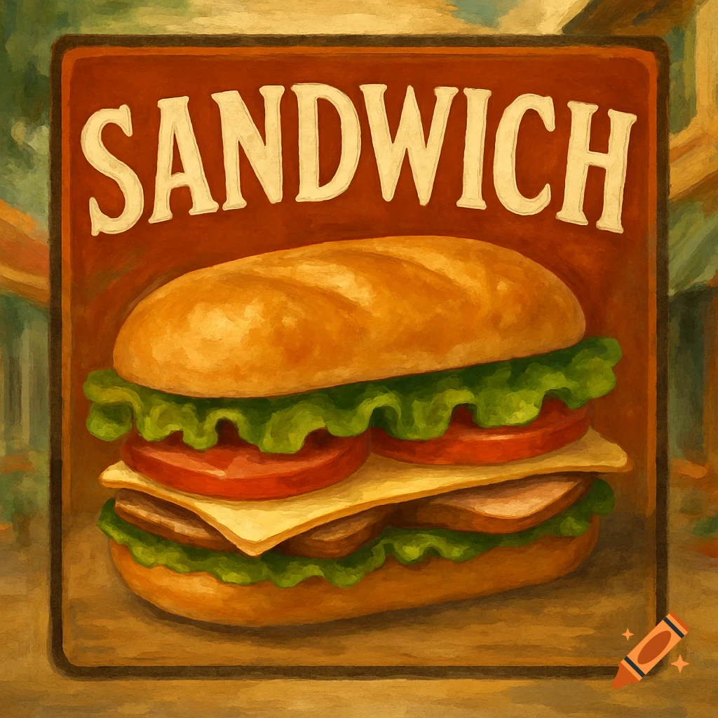 A vintage-style painting of a sandwich shop sign with a large sandwich ...