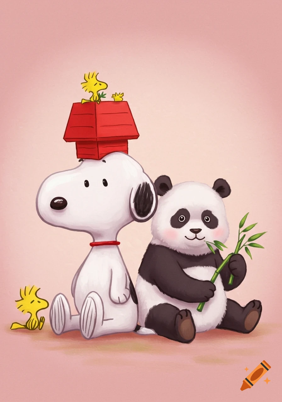Snoopy sits beside a panda eating bamboo, with Woodstock characters ...