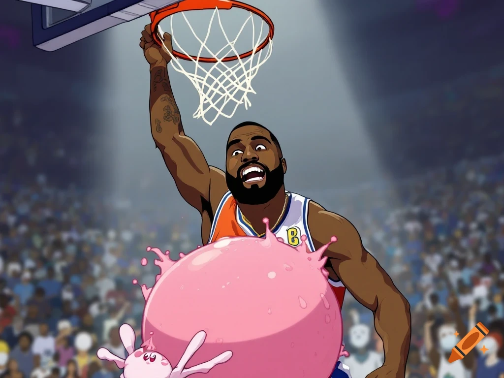 Cartoon basketball player dunks on a pink blob creature in a stadium ...