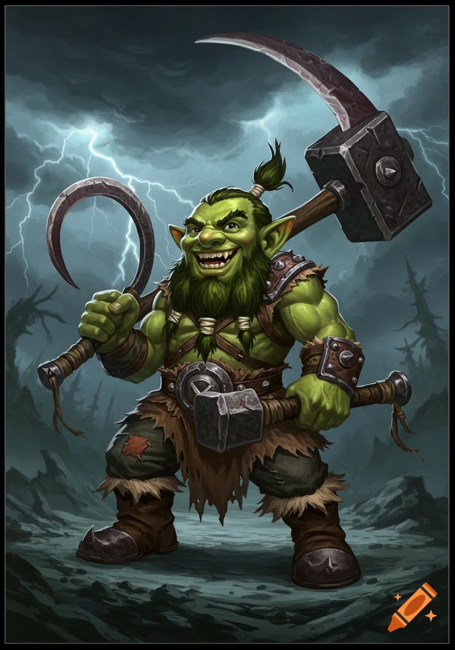 Green fantasy creature with beard and topknot holds sickle and hammer ...