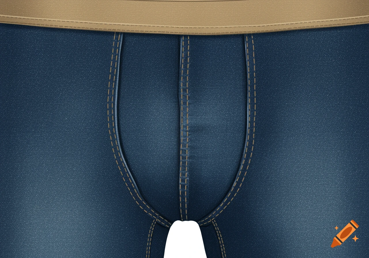 Close-up of blue denim fabric with tan stitching and waistband ...