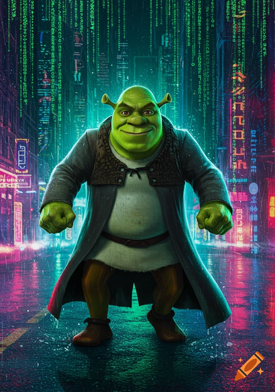Shrek stands in a rainy cyberpunk street with green code raining down ...