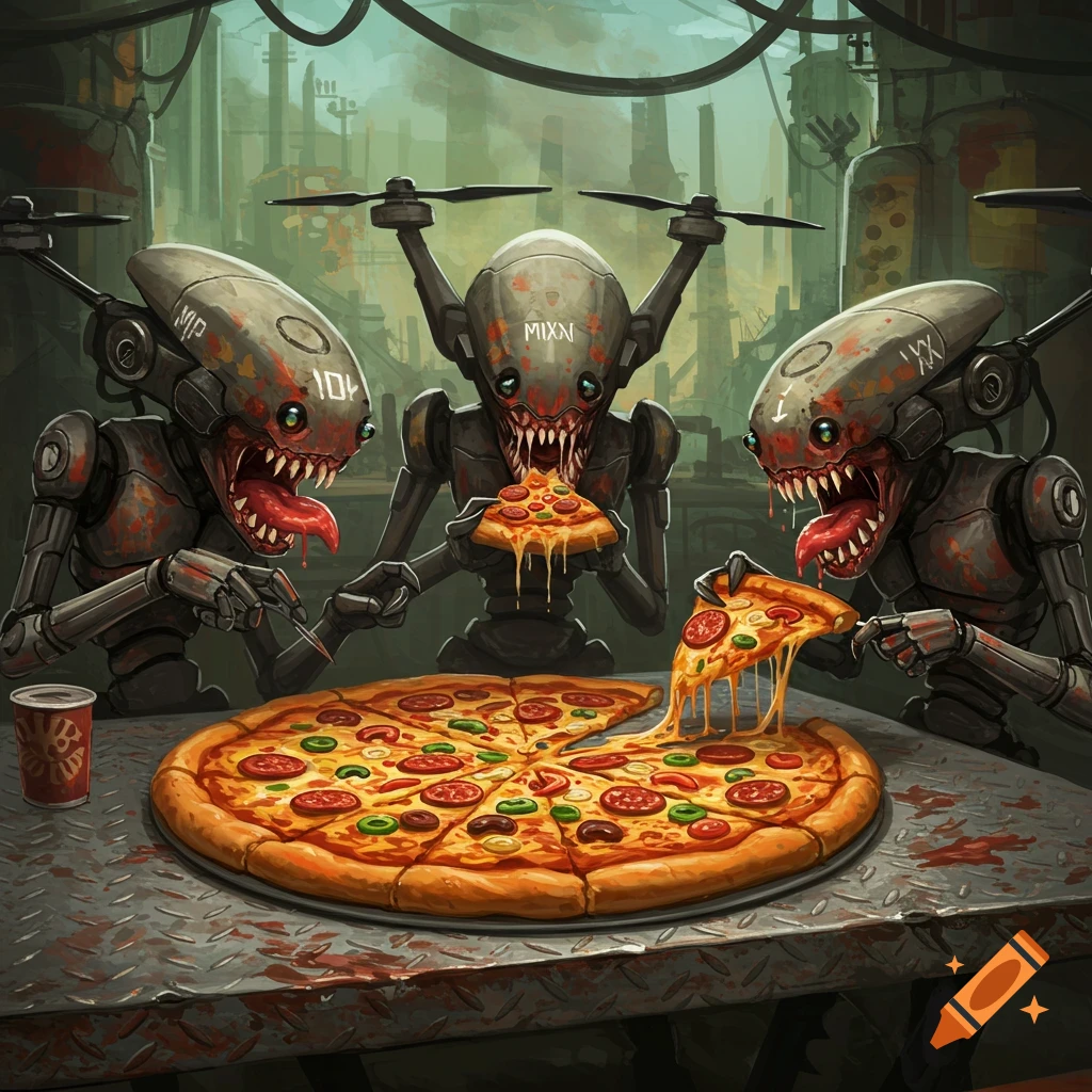 Three monster-like robots with sharp teeth eat pizza on a metal table ...