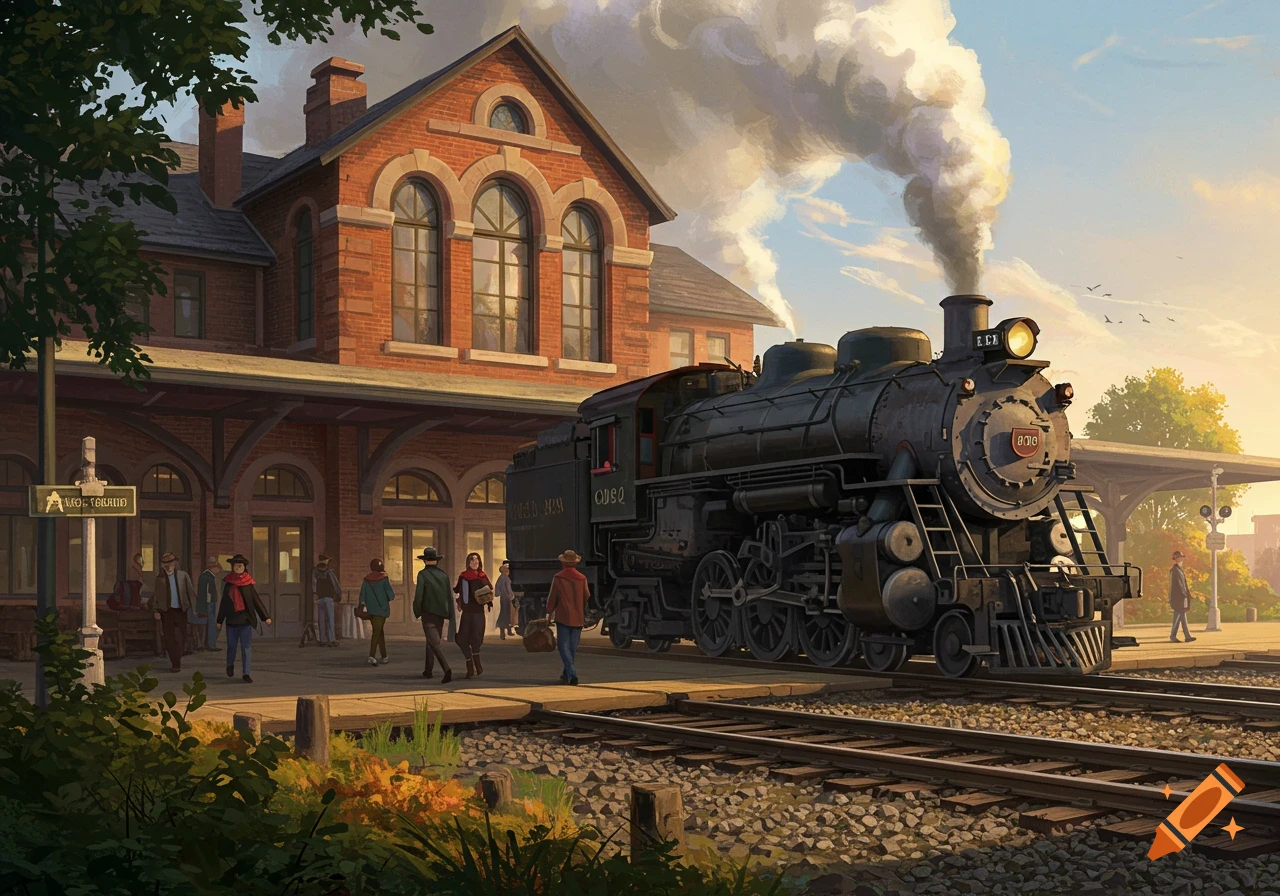 Painting of a steam train at a station with people waiting on the ...