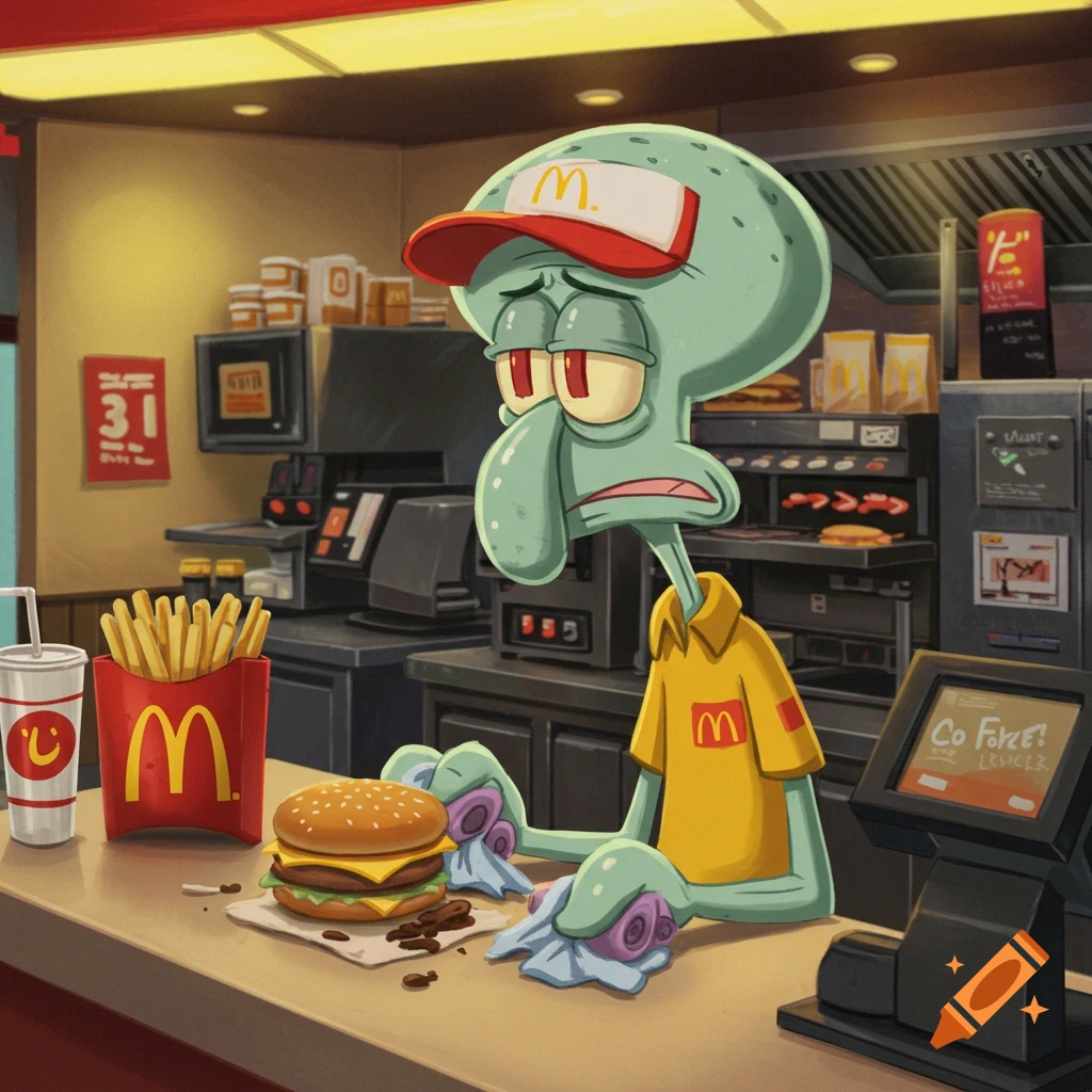 Squidward from SpongeBob looks sad working behind the counter at ...