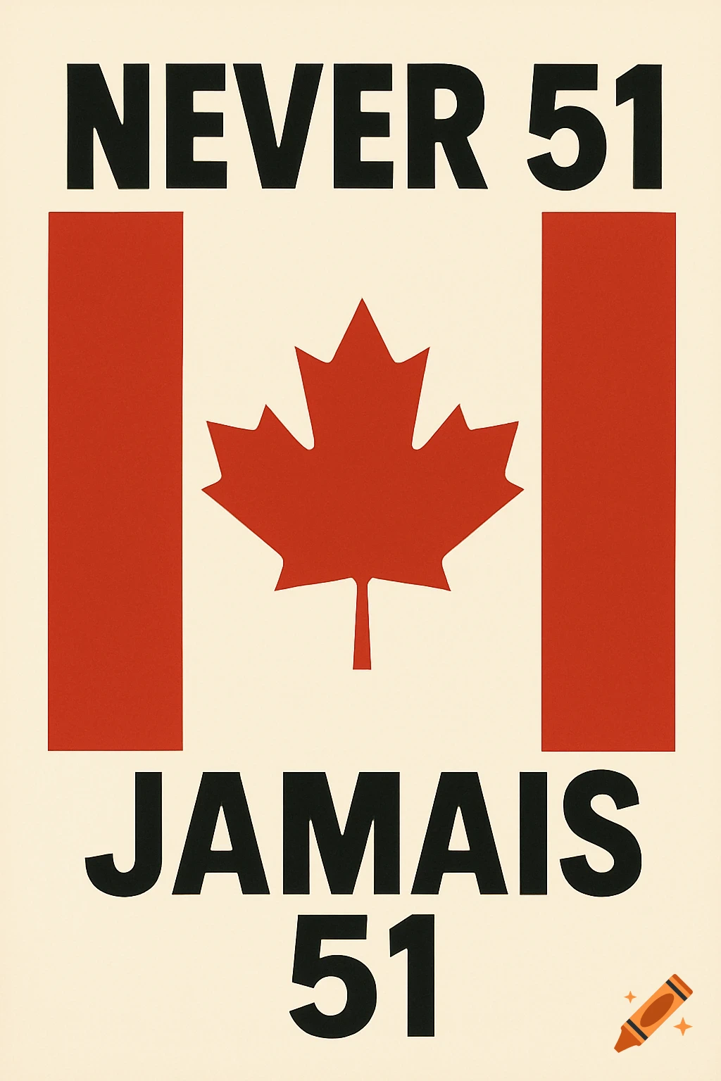 Poster with a Canadian flag and the text "NEVER 51 / JAMAIS 51". on Craiyon