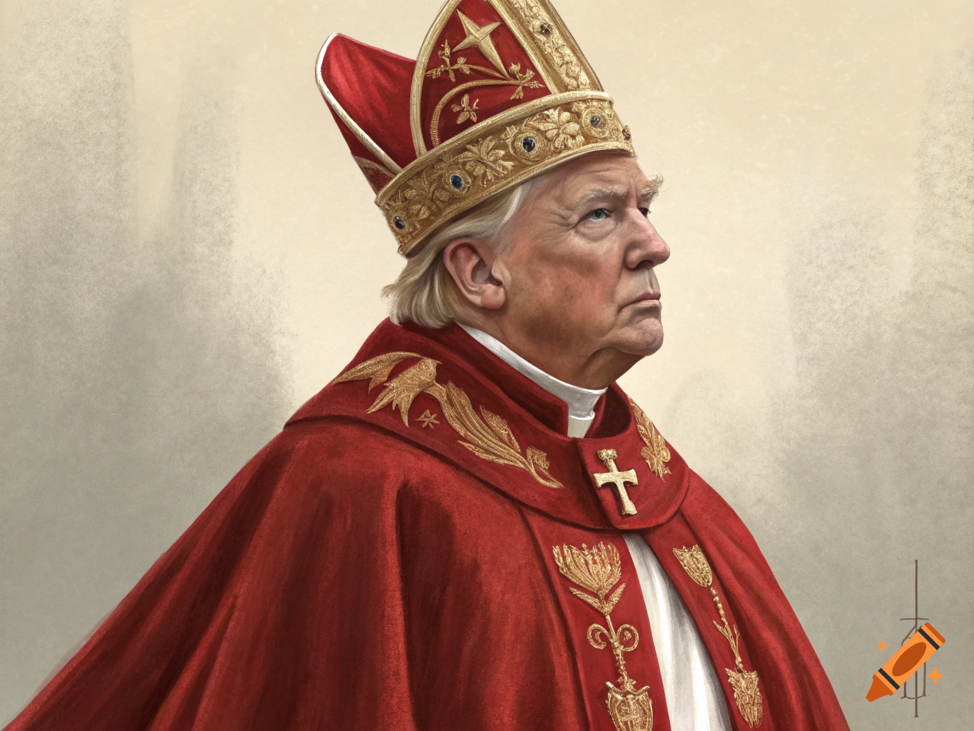 Portrait of Donald Trump in red religious attire and mitre, in a ...
