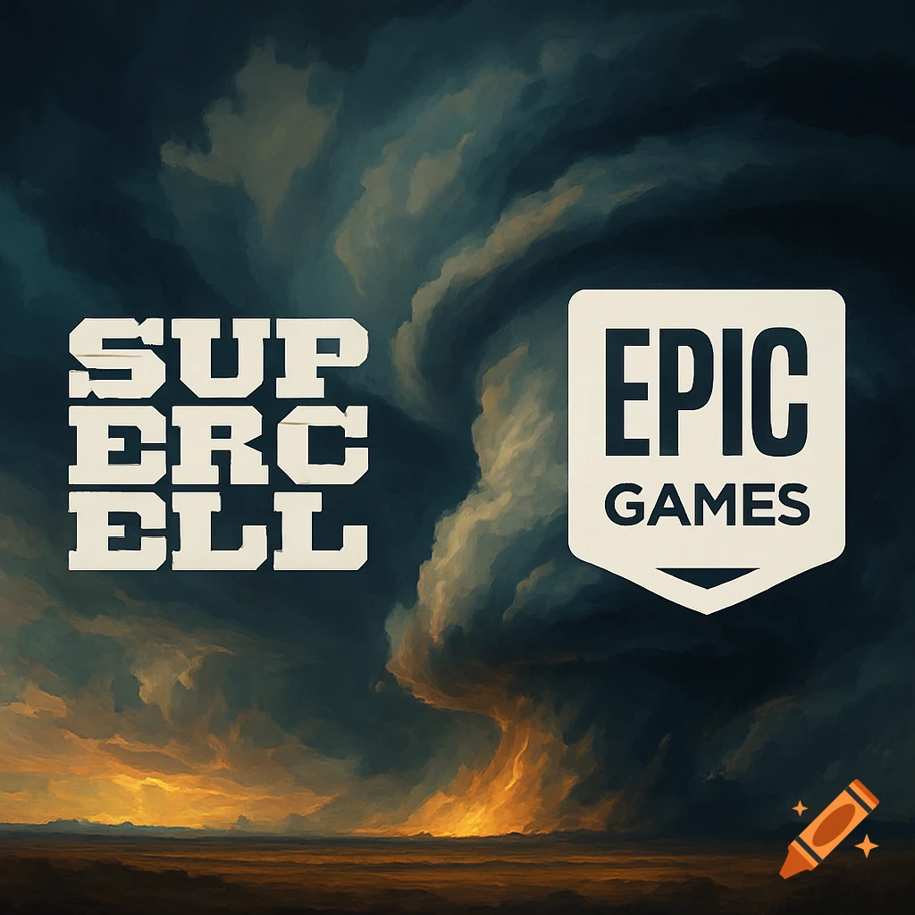 Logos for Supercell and Epic Games side by side against a dramatic ...