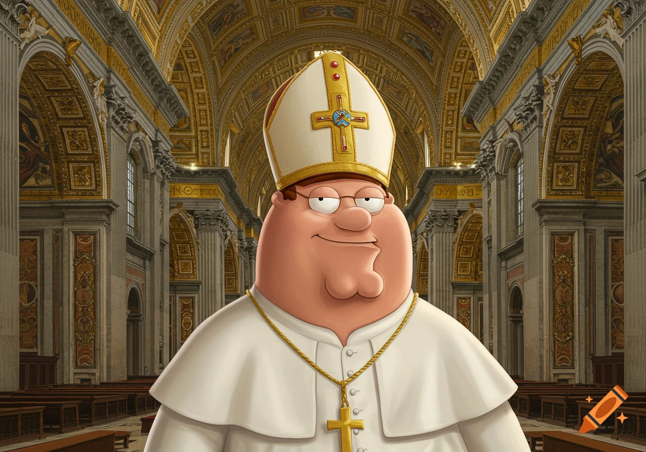 Cartoon character Peter Griffin dressed as the Pope standing in a grand ...