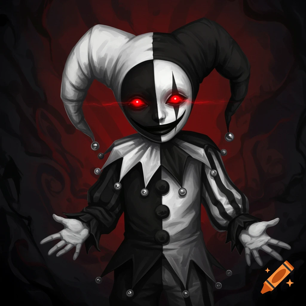 A black and white jester with evil red eyes stands against a dark red background. on Craiyon