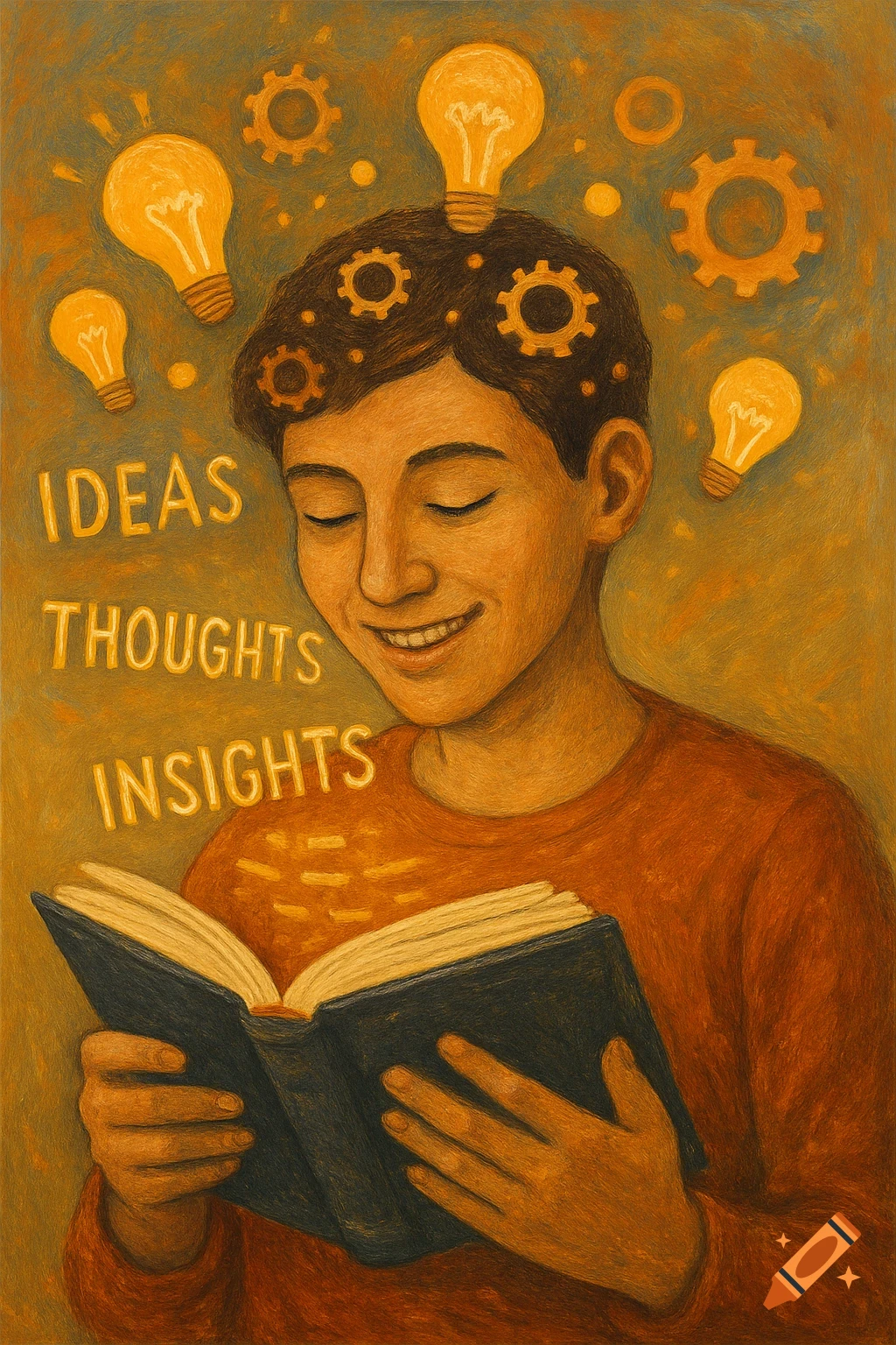 Illustration of person reading, ideas represented by lightbulbs/gears, text "IDEAS THOUGHTS ...