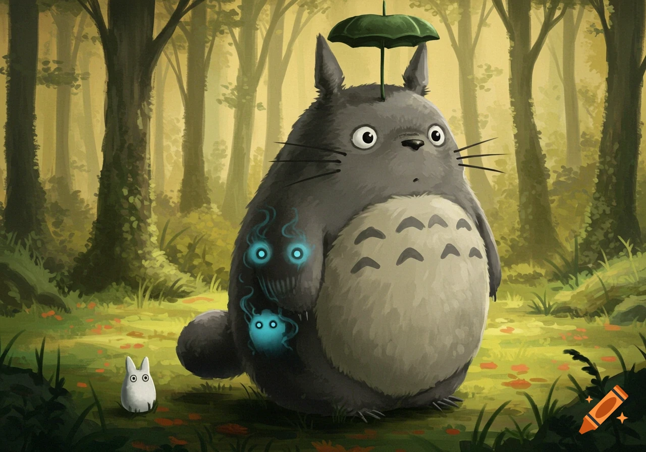 Totoro stands in a forest holding a green umbrella, with glowing ghost ...
