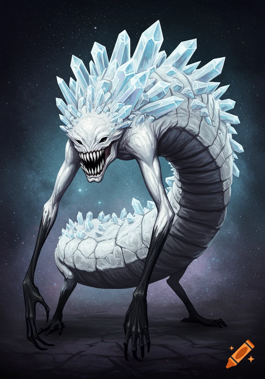 A long, pale fantasy creature with ice crystals on its back, long arms ...