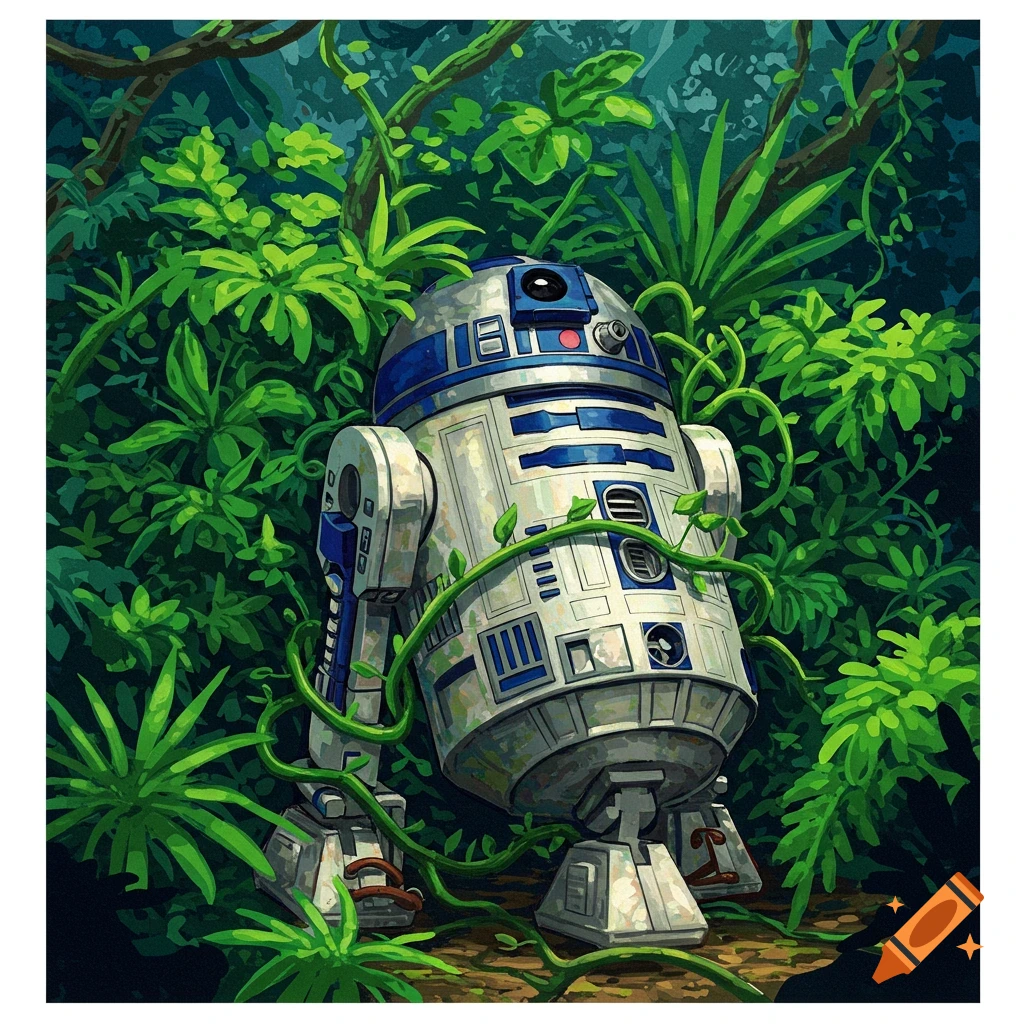R2D2 stuck in green vines in a vibrant jungle. on Craiyon