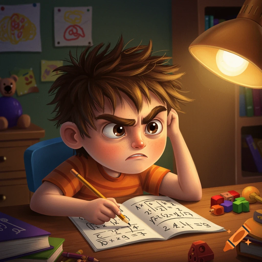 Cartoon boy with a confused expression sits at a desk doing homework ...