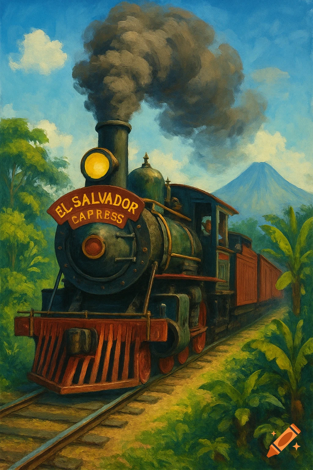 A painting of a vintage steam train traveling through a tropical ...