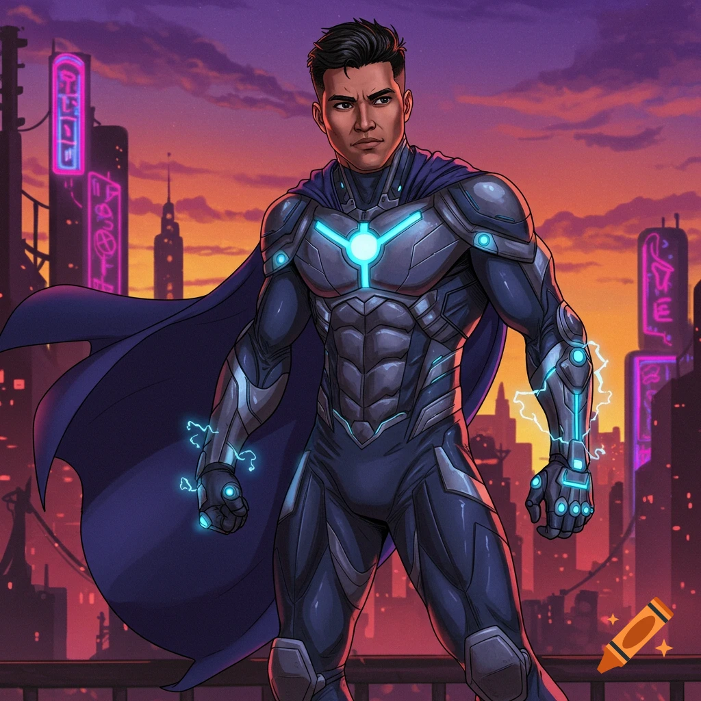 Illustration of a superhero in a dark sci-fi suit and cape standing on ...