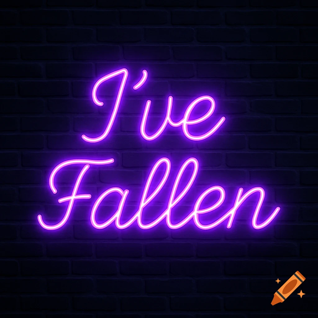 Purple neon sign with 'I've Fallen' text on a dark brick wall. on Craiyon