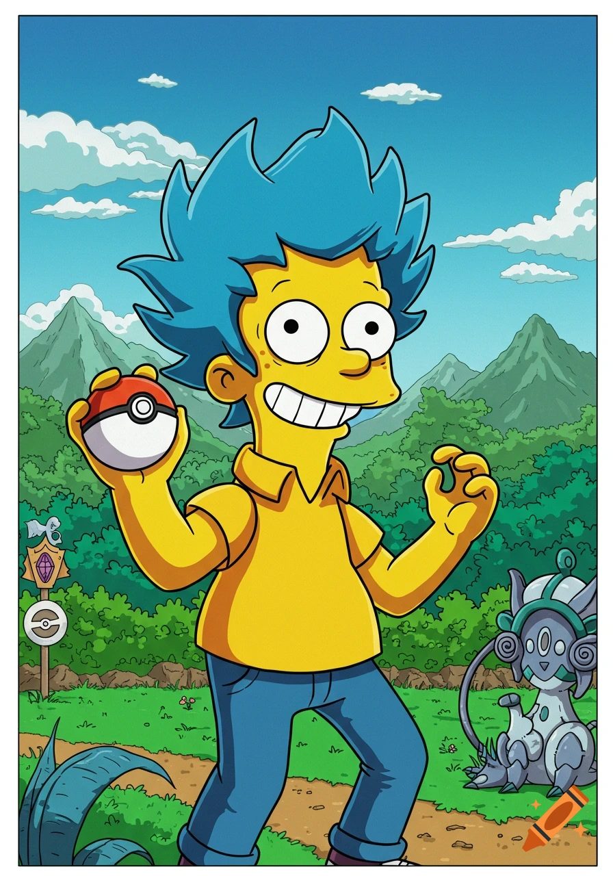 A cartoon character in The Simpsons style, dressed as a Pokemon trainer ...