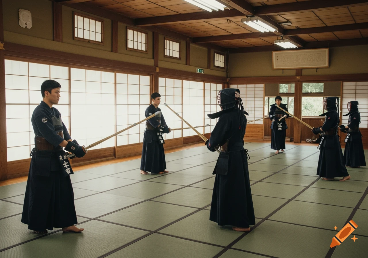 People in a dojo practicing Kendo with bamboo swords. Photorealistic ...
