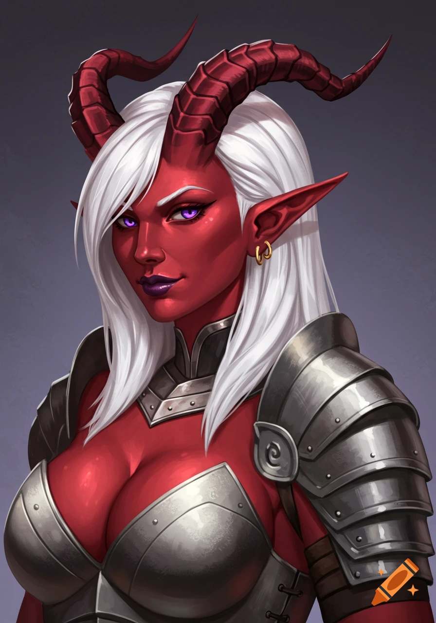 Portrait of a red-skinned tiefling woman with white hair, red horns, purple eyes, wearing metal ...