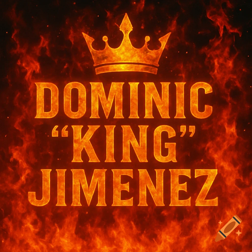 Text "DOMINIC 'KING' JIMENEZ" and crown in fire. on Craiyon