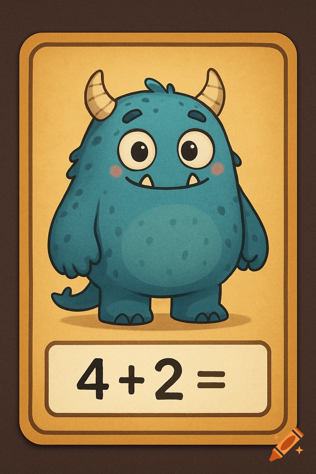 A cute blue cartoon monster stands on a card with the math problem 4+2 ...