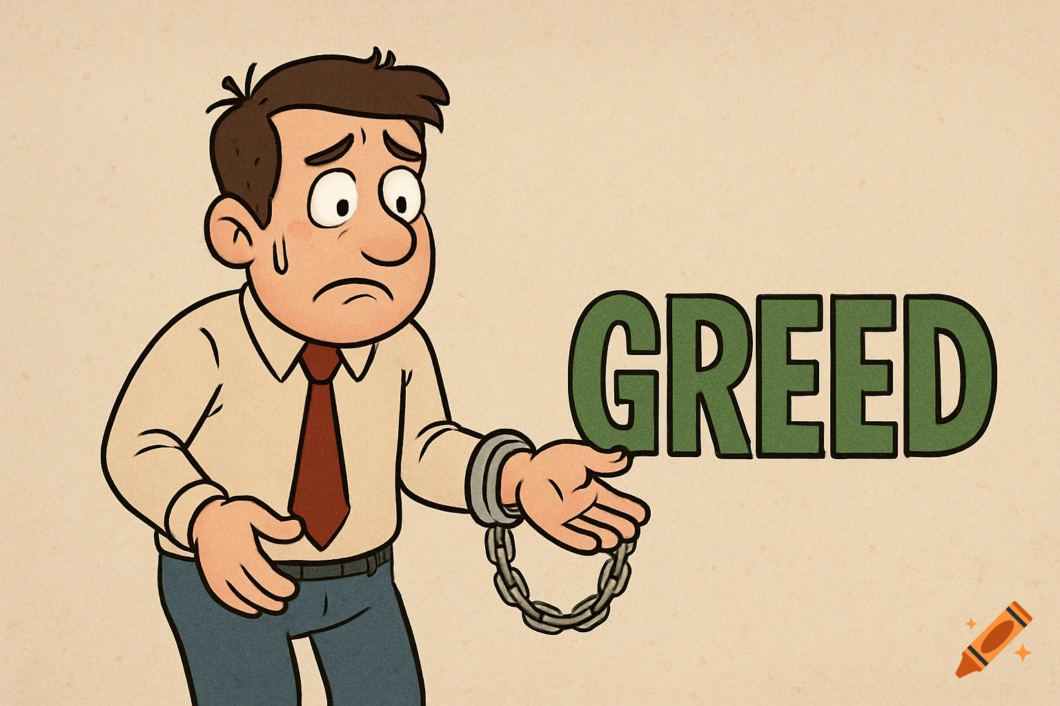 A cartoon illustration of a man in a shirt and tie looking stressed while handcuffed to the ...