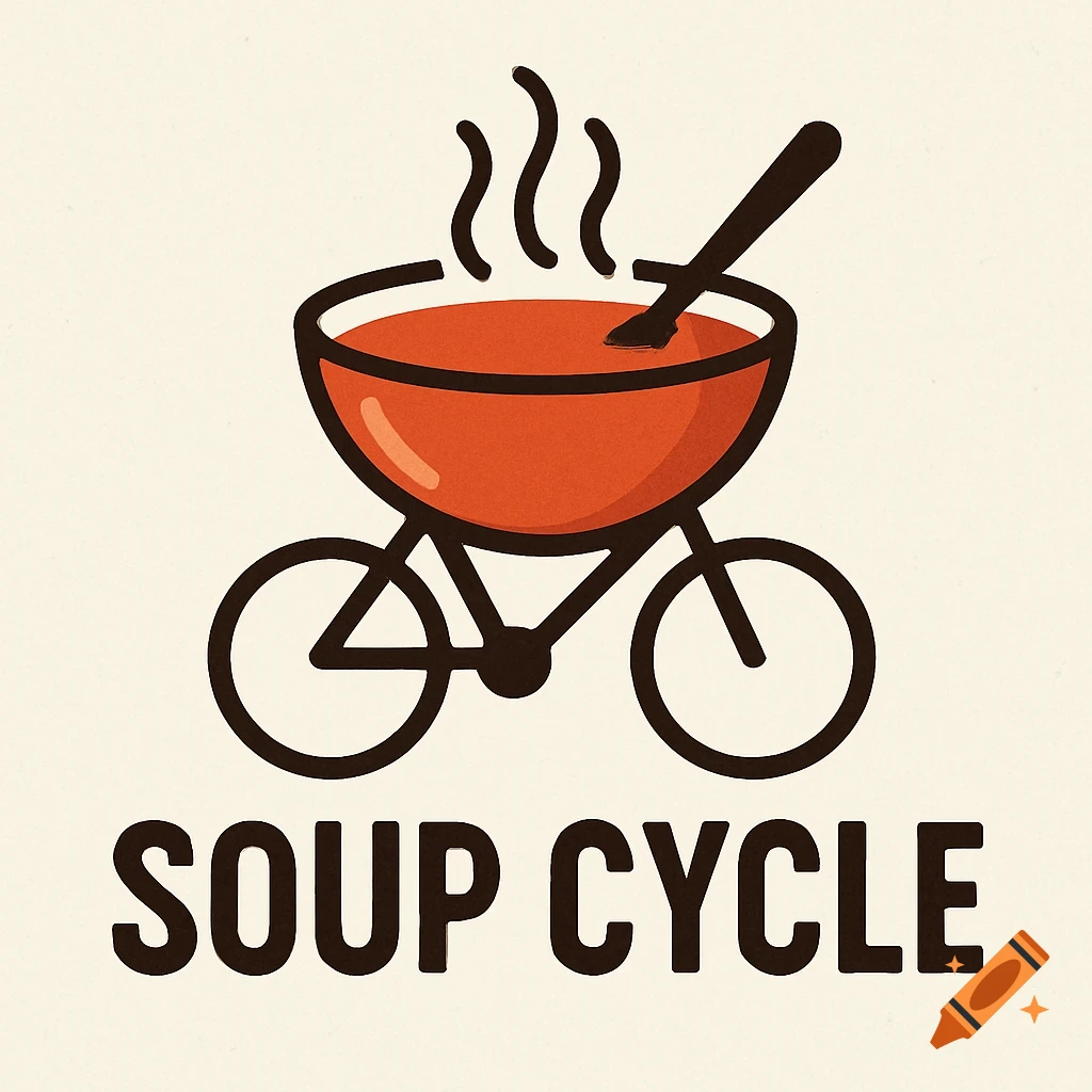 Logo with a bowl of soup on a bicycle and the text SOUP CYCLE. on Craiyon