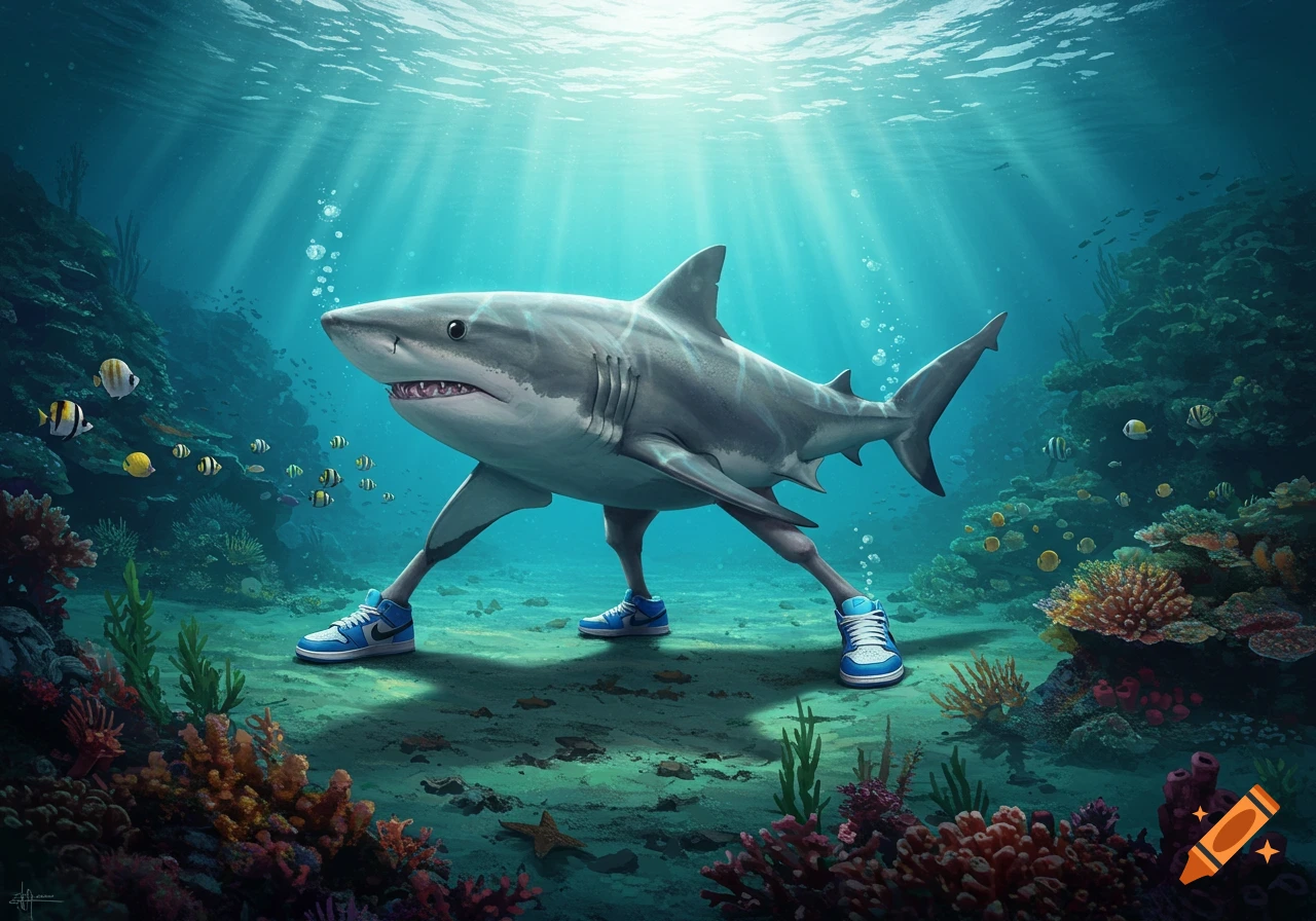 A shark walks on the ocean floor with human legs and blue sneakers. on ...