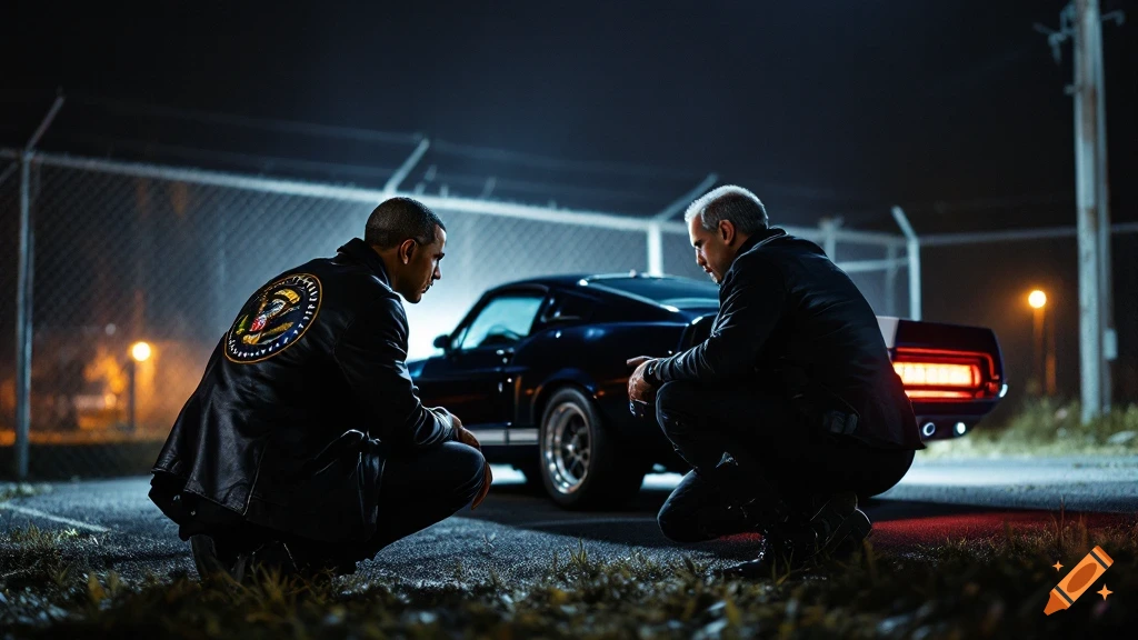 Two men resembling Obama and Jobs crouch by a classic blue car at night ...